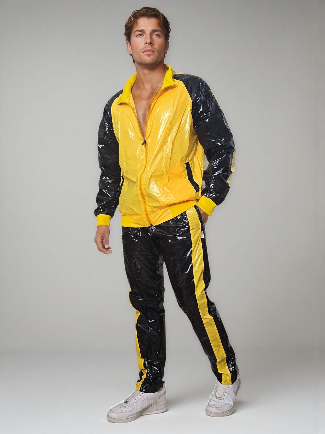 PU Nylon Track Set – Glossy Yellow and Black Athletic Suit for Men ...