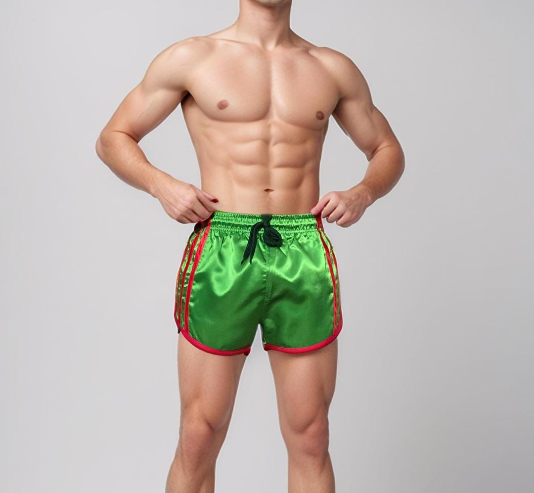 Green Sleek Nylon Satin Retro Shorts: Channeling Elegance and Sporty ...
