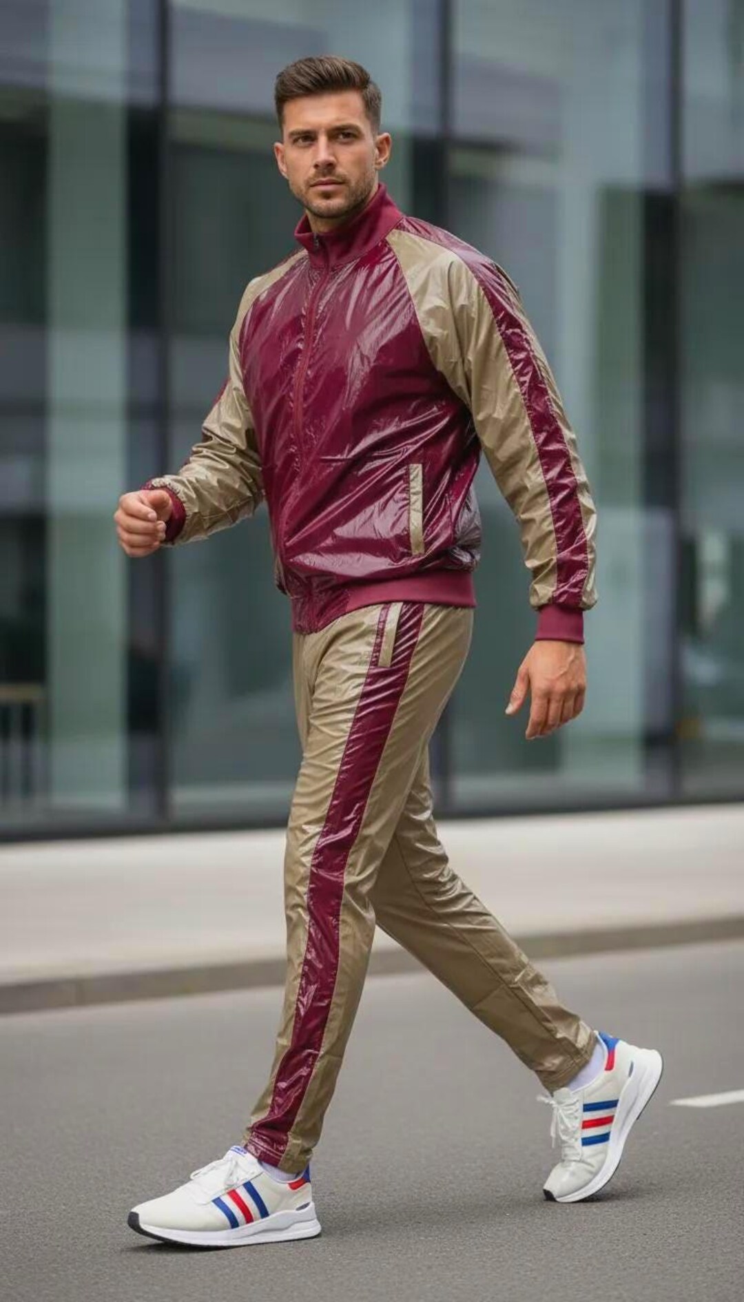 Shine in Style: the Ultimate PU Nylon Sport Jogging Suit Bone Brown/red ...
