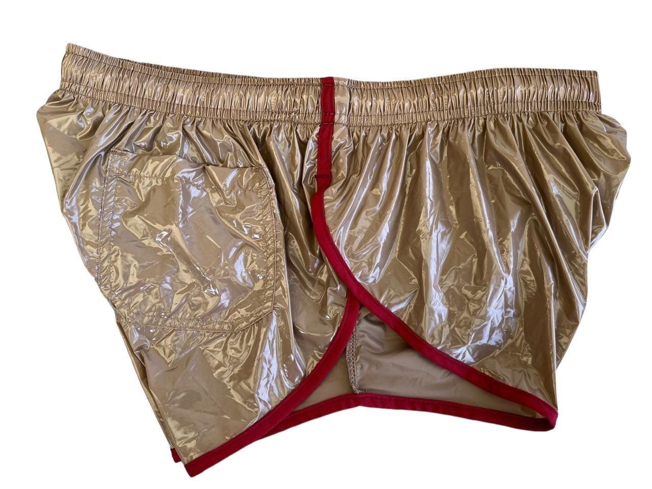 High-cut PU Nylon Sprint Shorts – Brown With Red Trim - Etsy UK