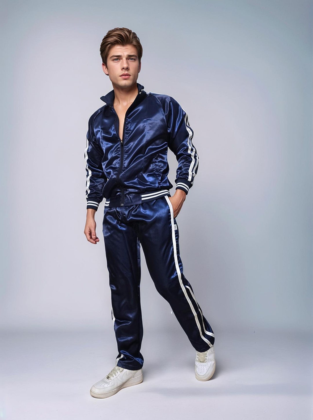 Glossy Navy Blue Fitness Satin Nylon Sport Jogging Suit Made for Mens ...