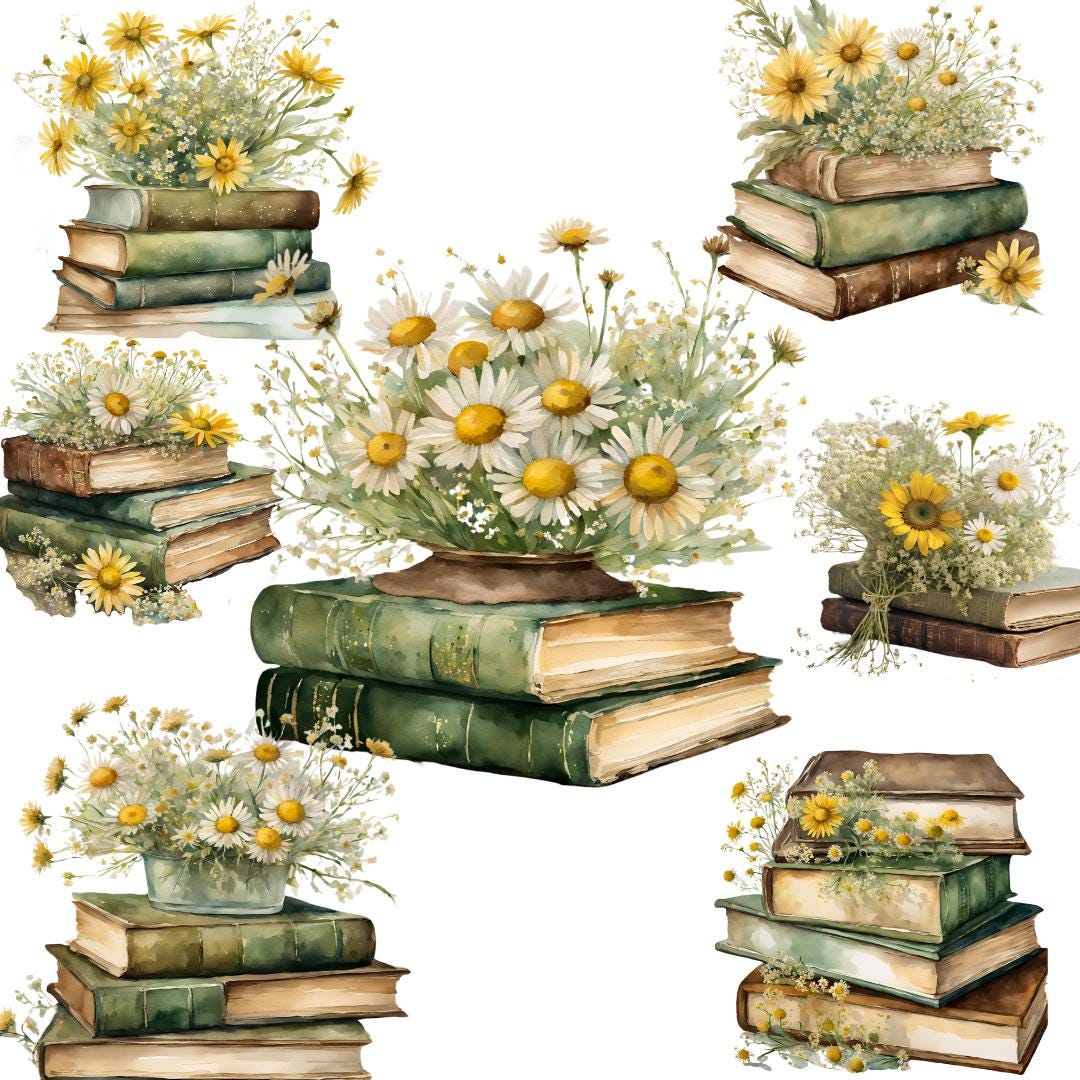 Vintage Book Floral Clipart Watercolor Daisies & Wildflowers Stack of ...