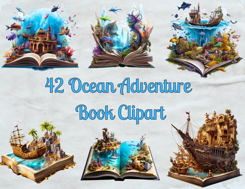42 Ocean Adventure Book Clipart, Fantasy Pirate Ships and Sea Life PNG ...