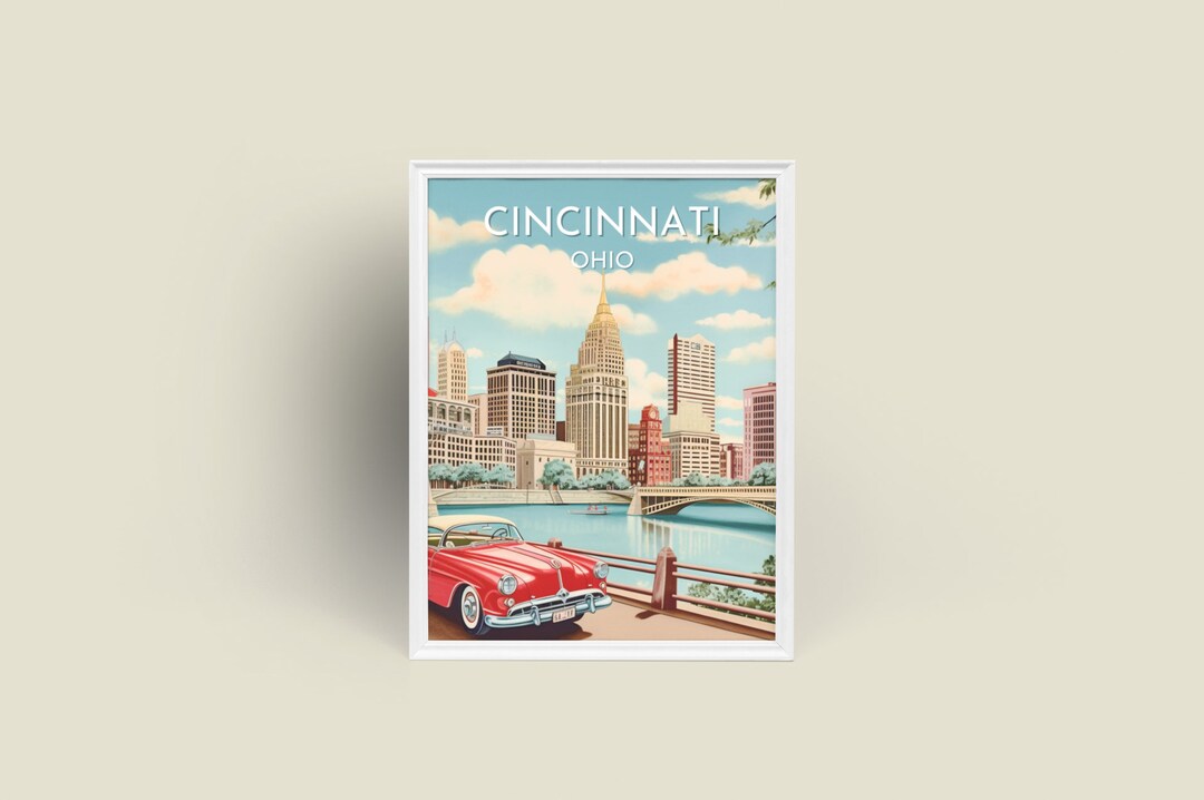 Cincinnati Ohio Retro Art Print, Cincinnati Vintage Cityscape Print ...