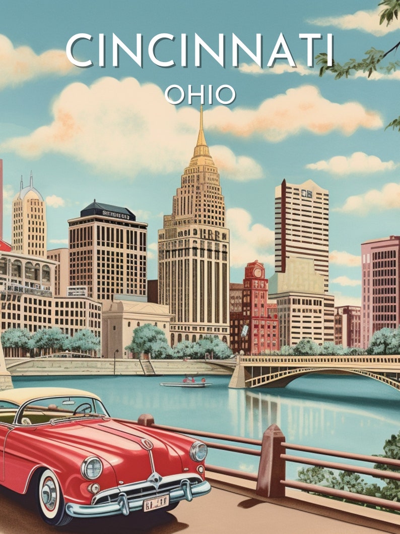 Cincinnati Ohio Retro Art Print, Cincinnati Vintage Cityscape Print ...