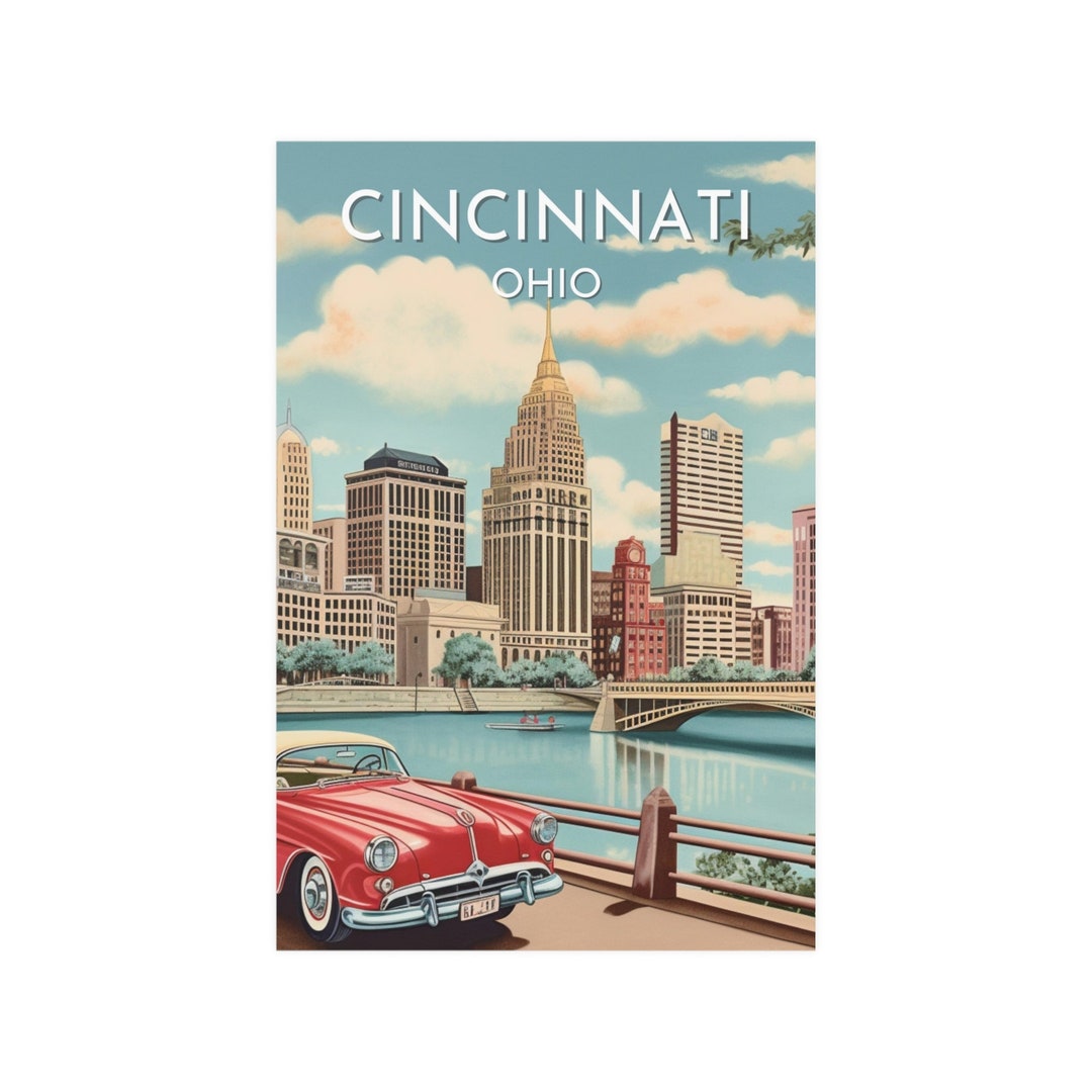 Cincinnati Ohio Retro Art Print, Cincinnati Vintage Cityscape Print ...