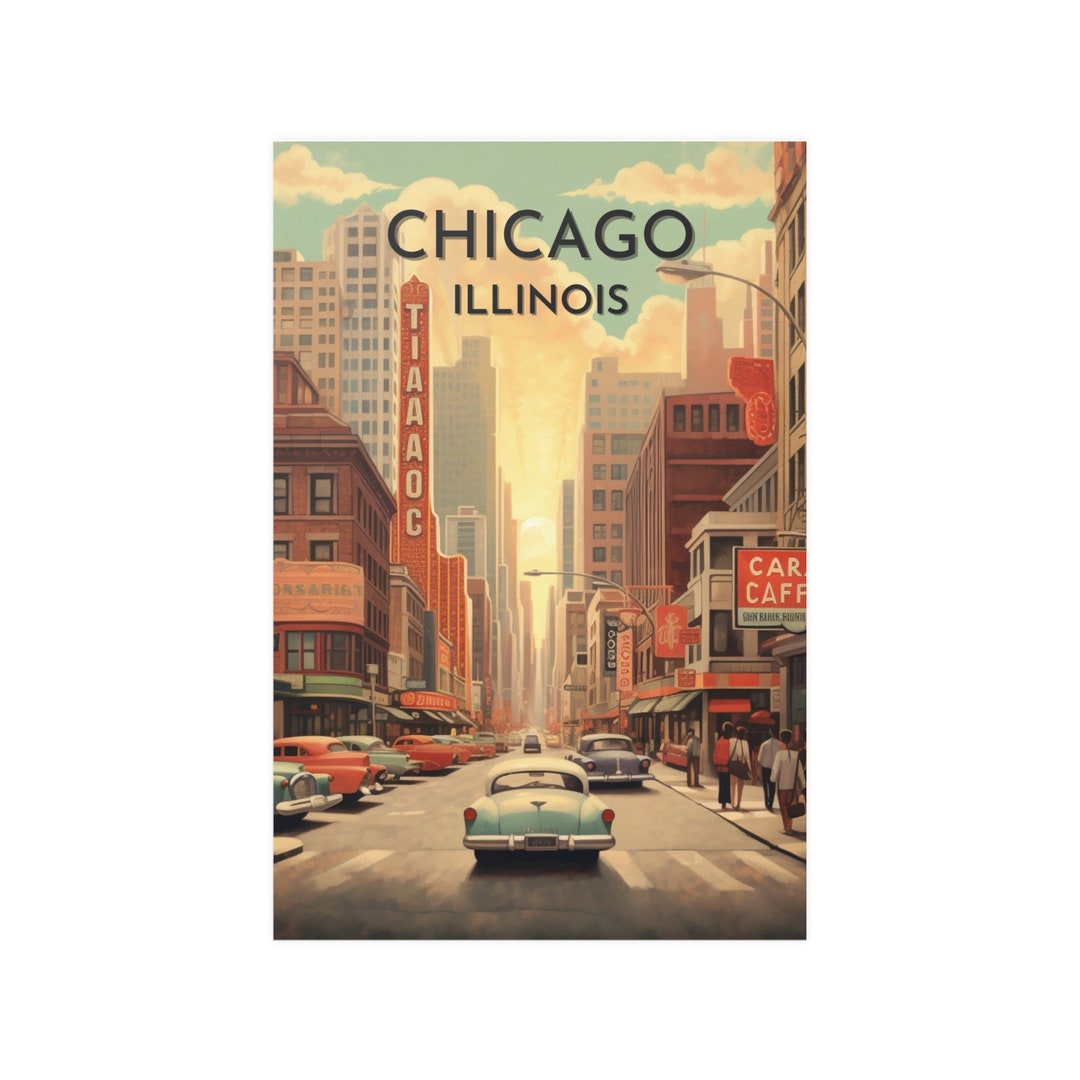 Chicago Illinois Retro Art Print, Chicago Vintage Cityscape Print, Mid ...