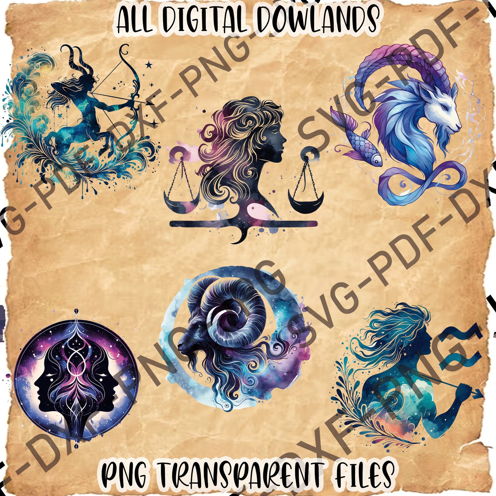 Printable 12 Zodiac Watercolor PNG Sign Clipart, Silhouette Zodiac ...