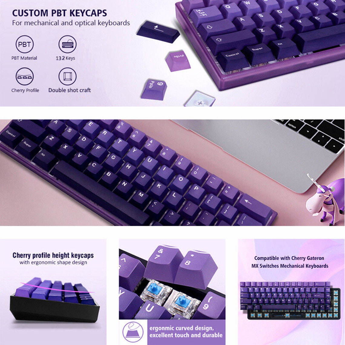 132 Keys PBT Keycaps Cherry Profile Purple Double Shot Key Caps for ...