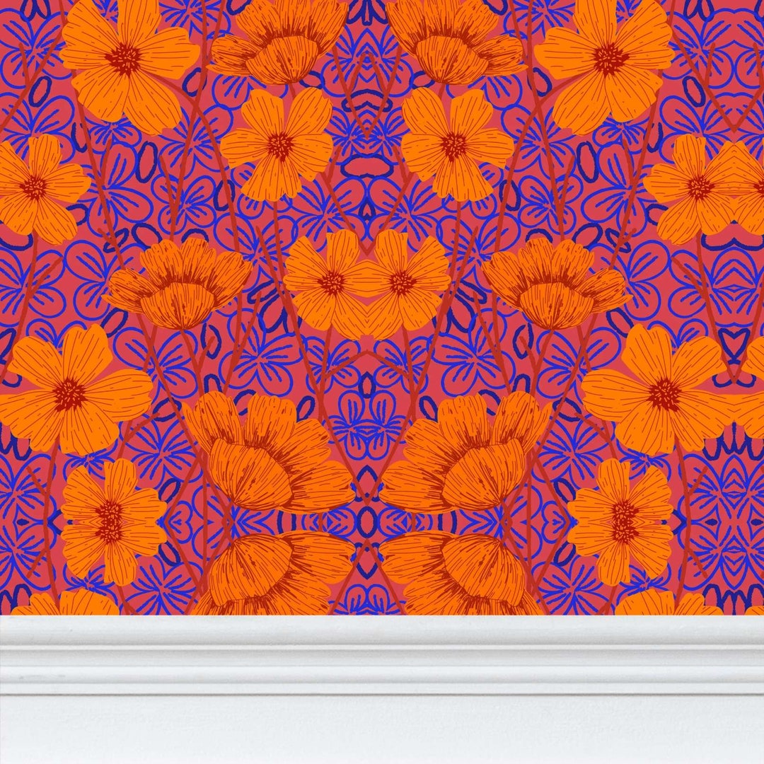 Funky Orange Flower Moody Maximalist Wallpaper, Peel and Stick, High ...