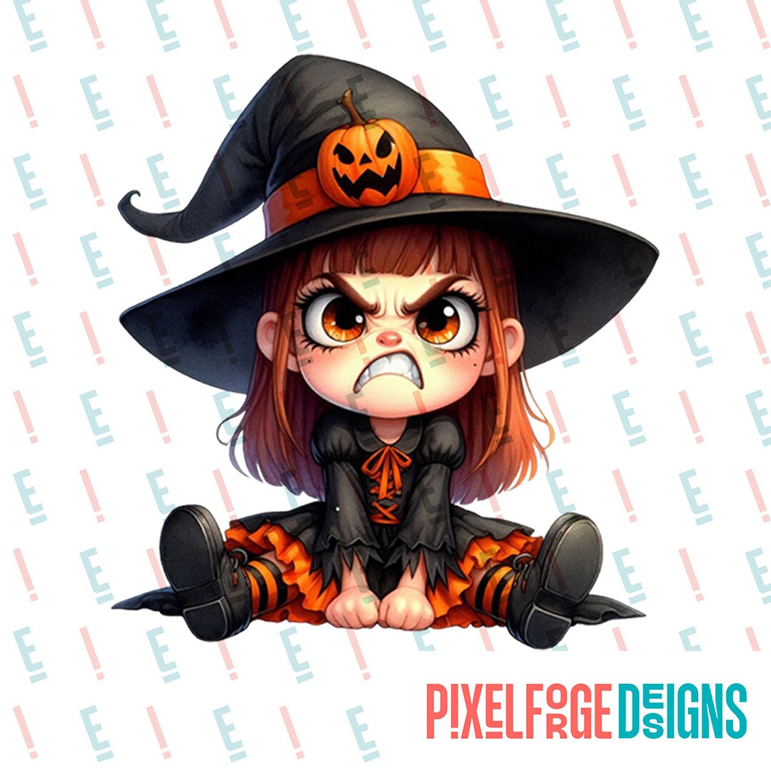 Cute Grumpy Chibi Witch for Halloween Projects PNG Digital File 300 DPI ...