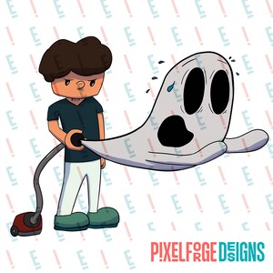 Cartoon Boy Vacuuming a Scared Ghost Funny Halloween Digital ...