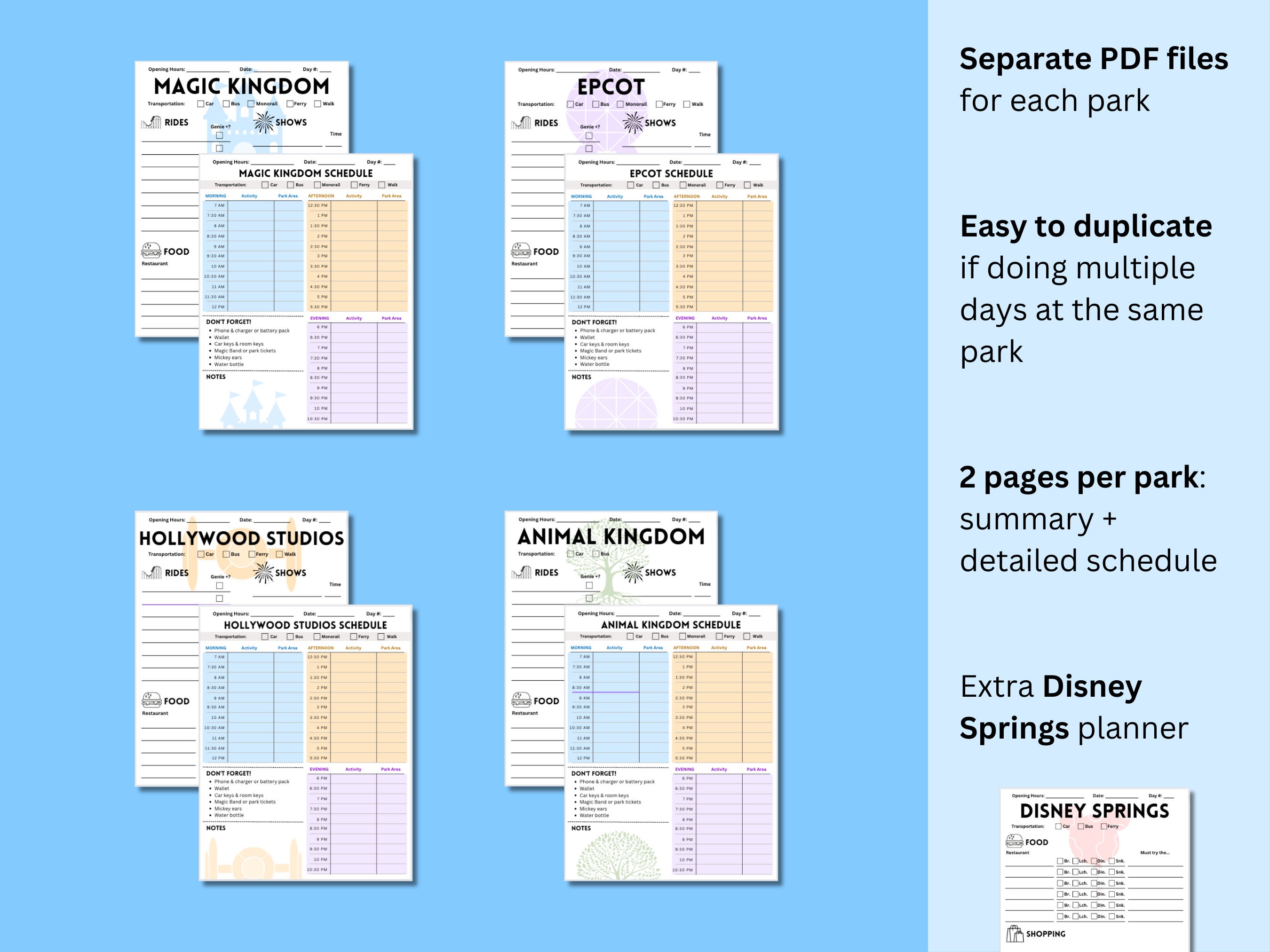 WDW Fillable / Printable Blank PDF Planner - Itinerary Overview & Half ...