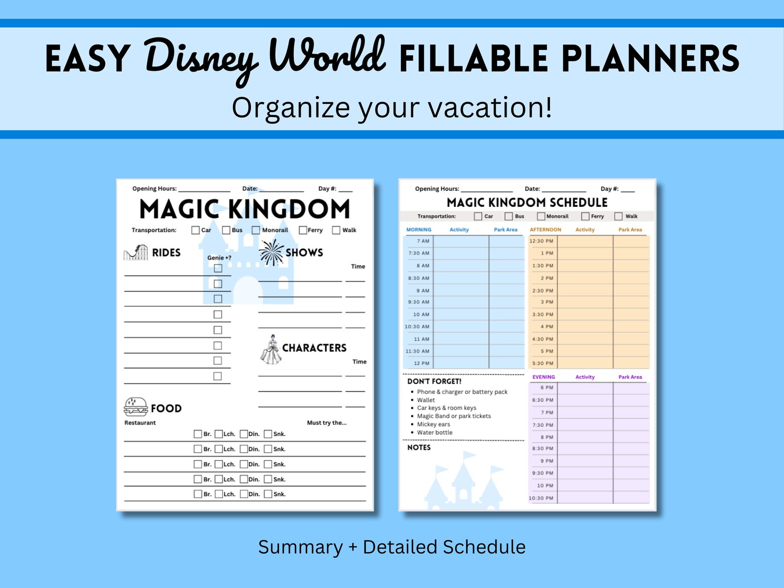 WDW Fillable / Printable Blank PDF Planner - Itinerary Overview & Half ...