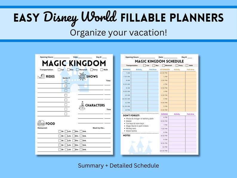 WDW Fillable / Printable Blank PDF Planner - Itinerary Overview & Half ...