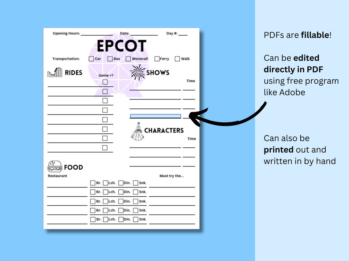 WDW Fillable / Printable Blank PDF Planner - Itinerary Overview & Half ...
