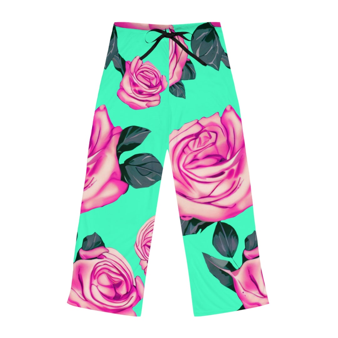 Women's Green and Pink Rose Pajama Pants - Etsy
