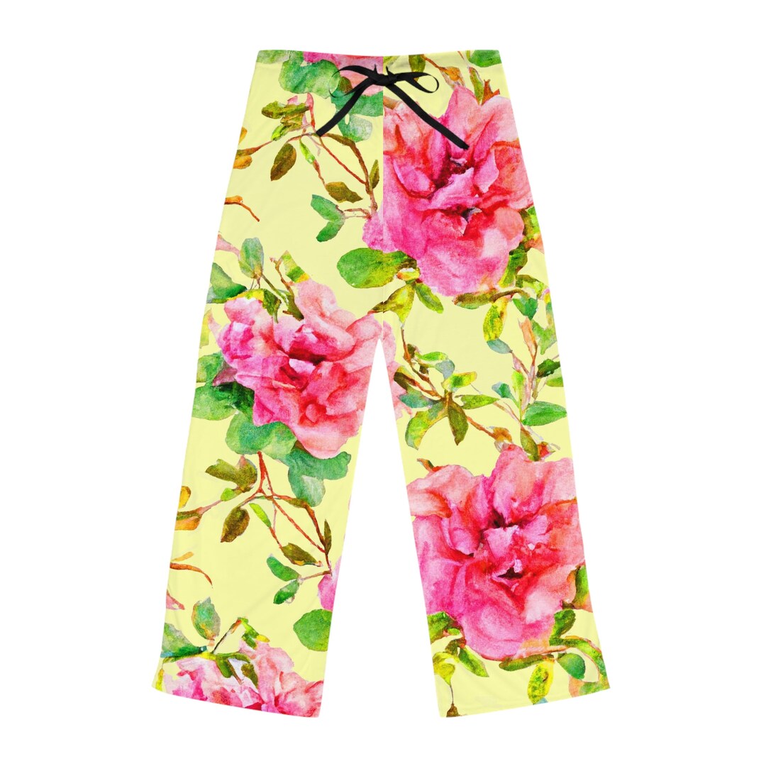 Women's Yellow Pink Rose Pajama Pants - Etsy