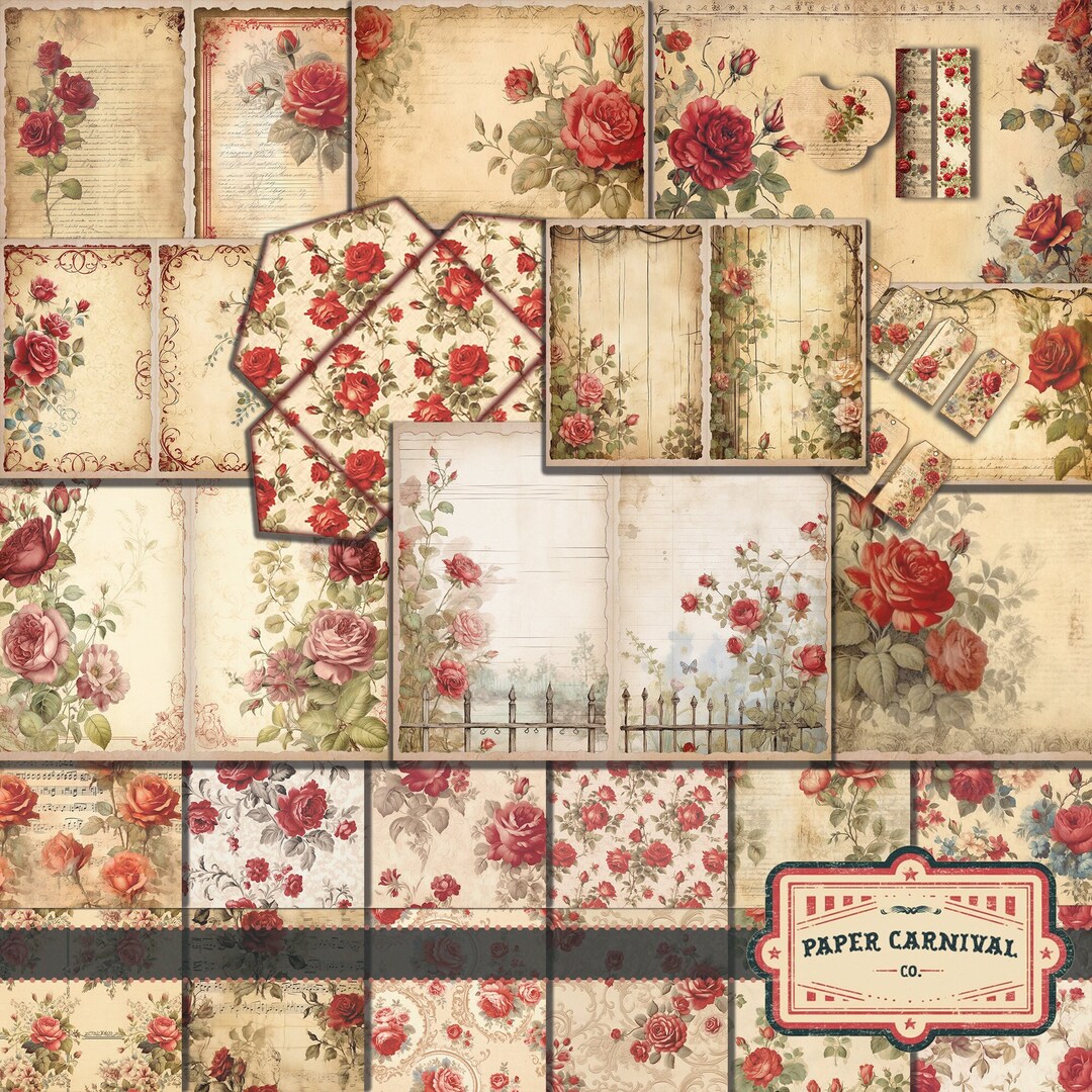 Red English Roses on Parchment Journaling Kit - - Printable & Ephemera ...