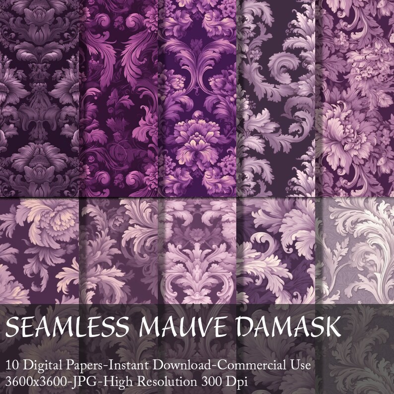 10 Seamless Mauve Damask Digital Papers 3600x3600-300 Dpi Junk Journal ...