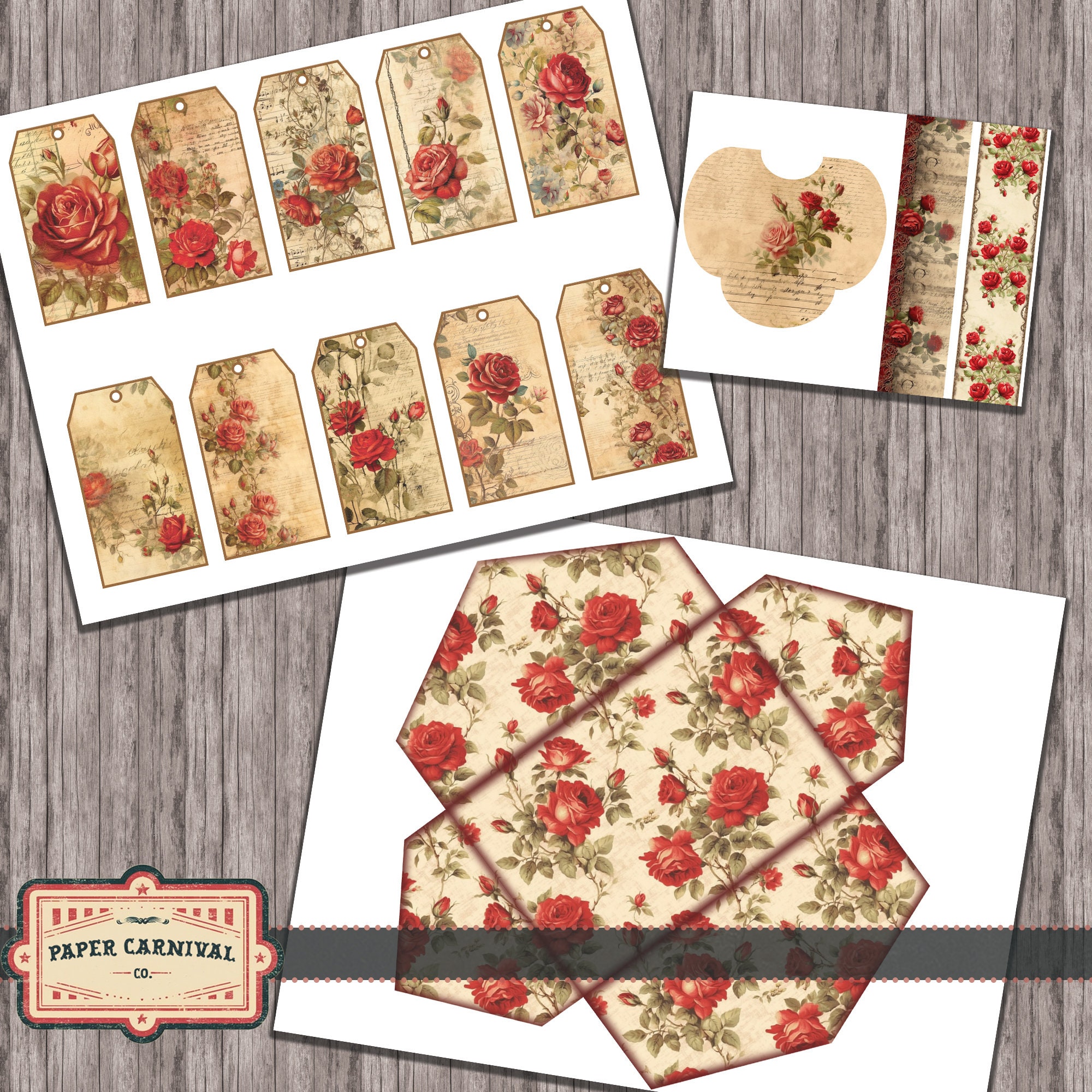 Red English Roses on Parchment Journaling Kit - - Printable & Ephemera ...