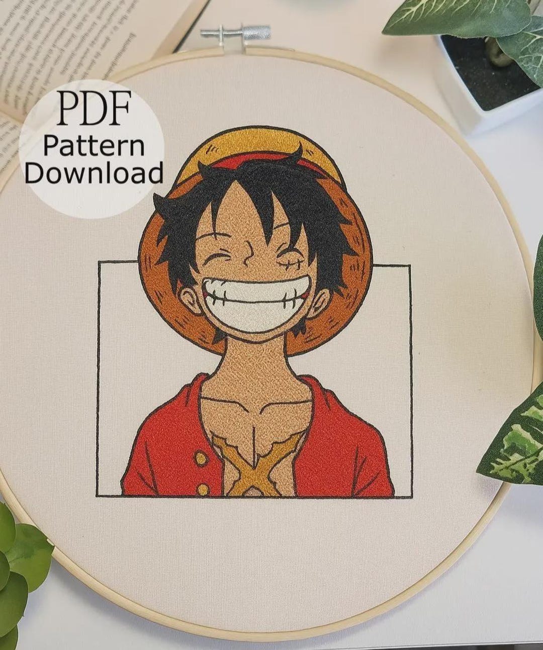 Luffy Embroidery Design, One Piece Anime Pattern (PDF Download, 3 Sizes ...