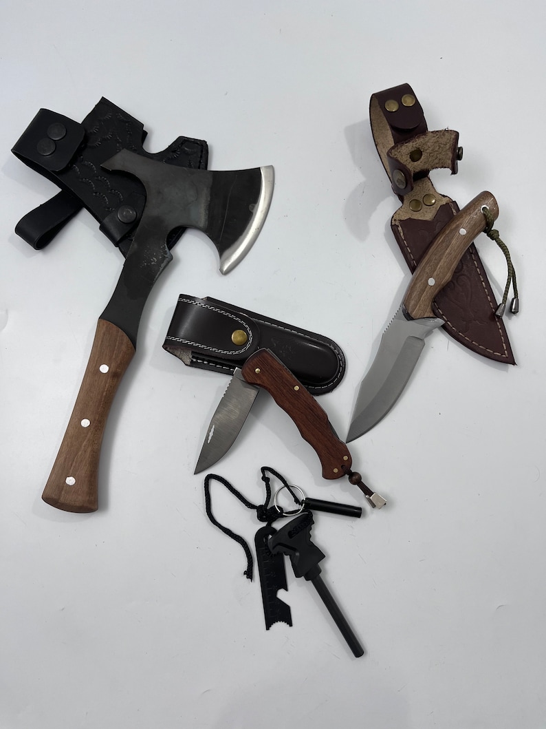 4-piece Bushcraft Camping Set: Handmade Knives, Axe, Fire Starter - Etsy