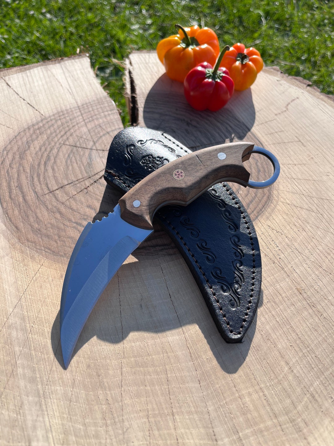Custom Engraved Karambit Knife: Full Tang Survival Knife With Leather ...