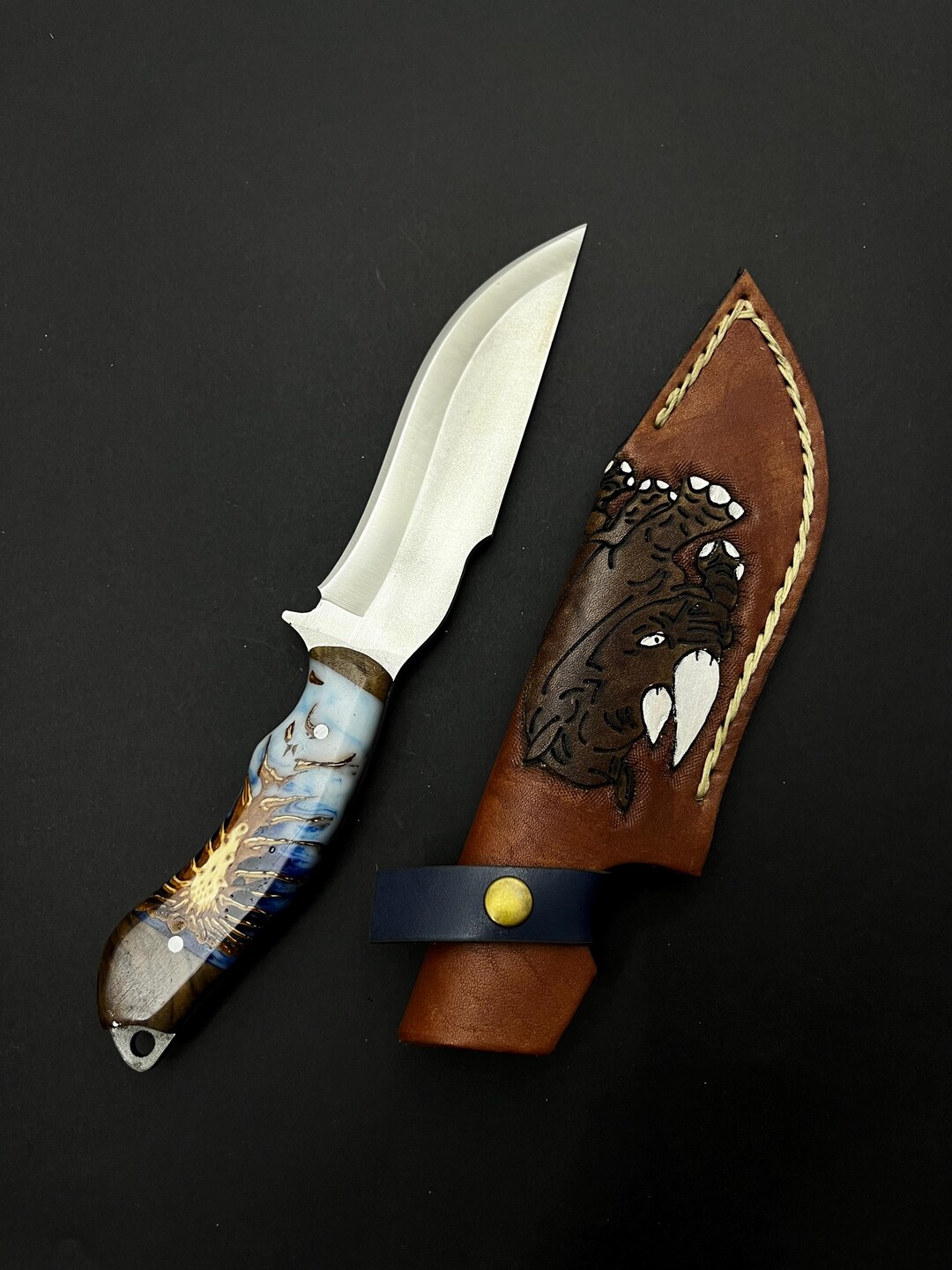 11" Custom Hunting Knife Artistic Resin Handle Fixed Blade Rhino ...