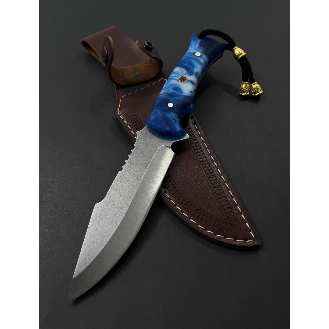 Custom Engraved Hunting Knife: Blue Epoxy Handle, 4116 Stainless Steel ...