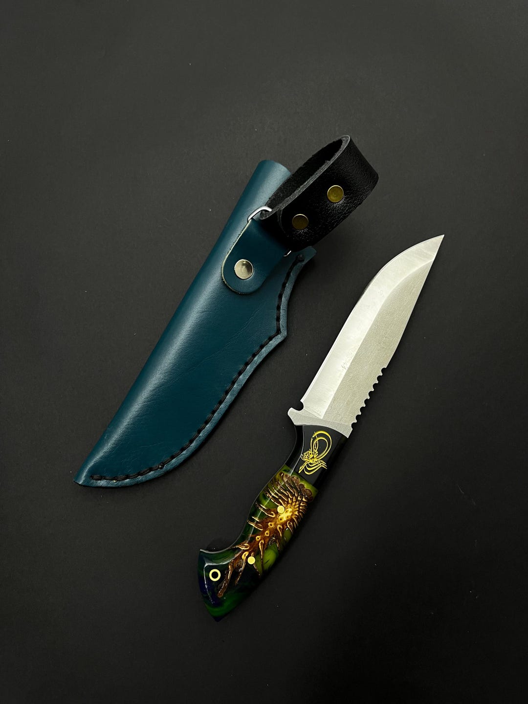 Custom Hunting Knife: Epoxy Resin Handle, German Steel Blade, Leather ...