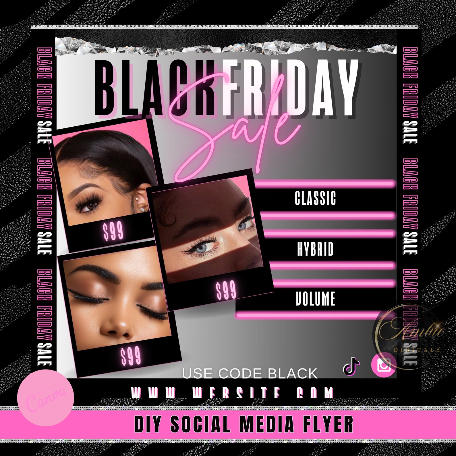 Editable Pink Black Friday Lash Flyer Template Lash Tech Sale Canva ...