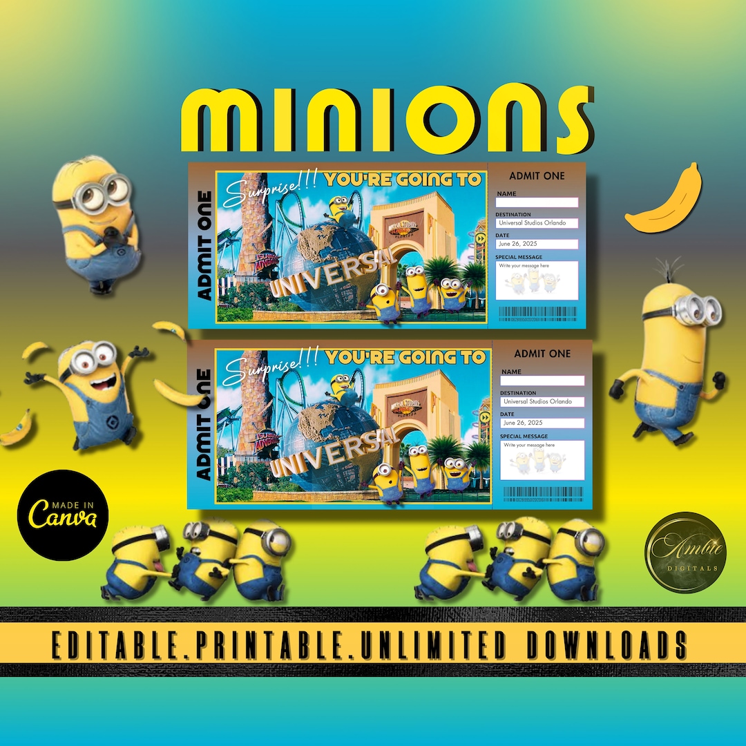 Customizable Universal Studios Surprise Ticket | Editable Minions Theme ...