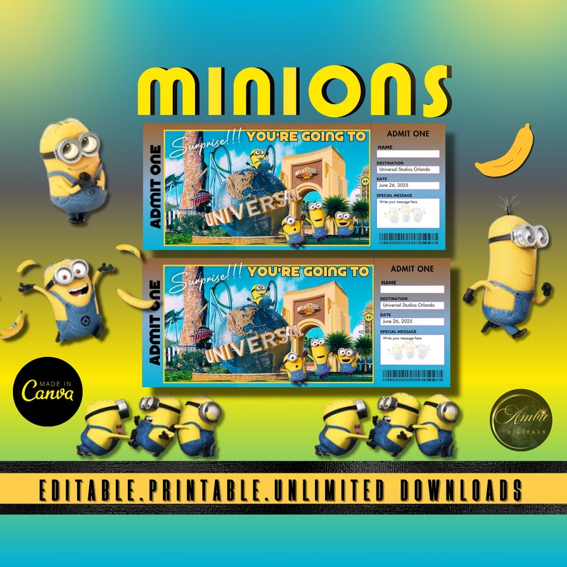 Customizable Universal Studios Surprise Ticket | Editable Minions Theme ...