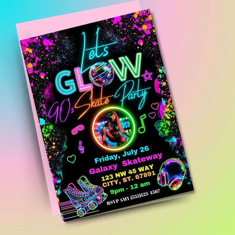Editable Glow Skating Party Invitation With Photo | Neon 90s Theme ...