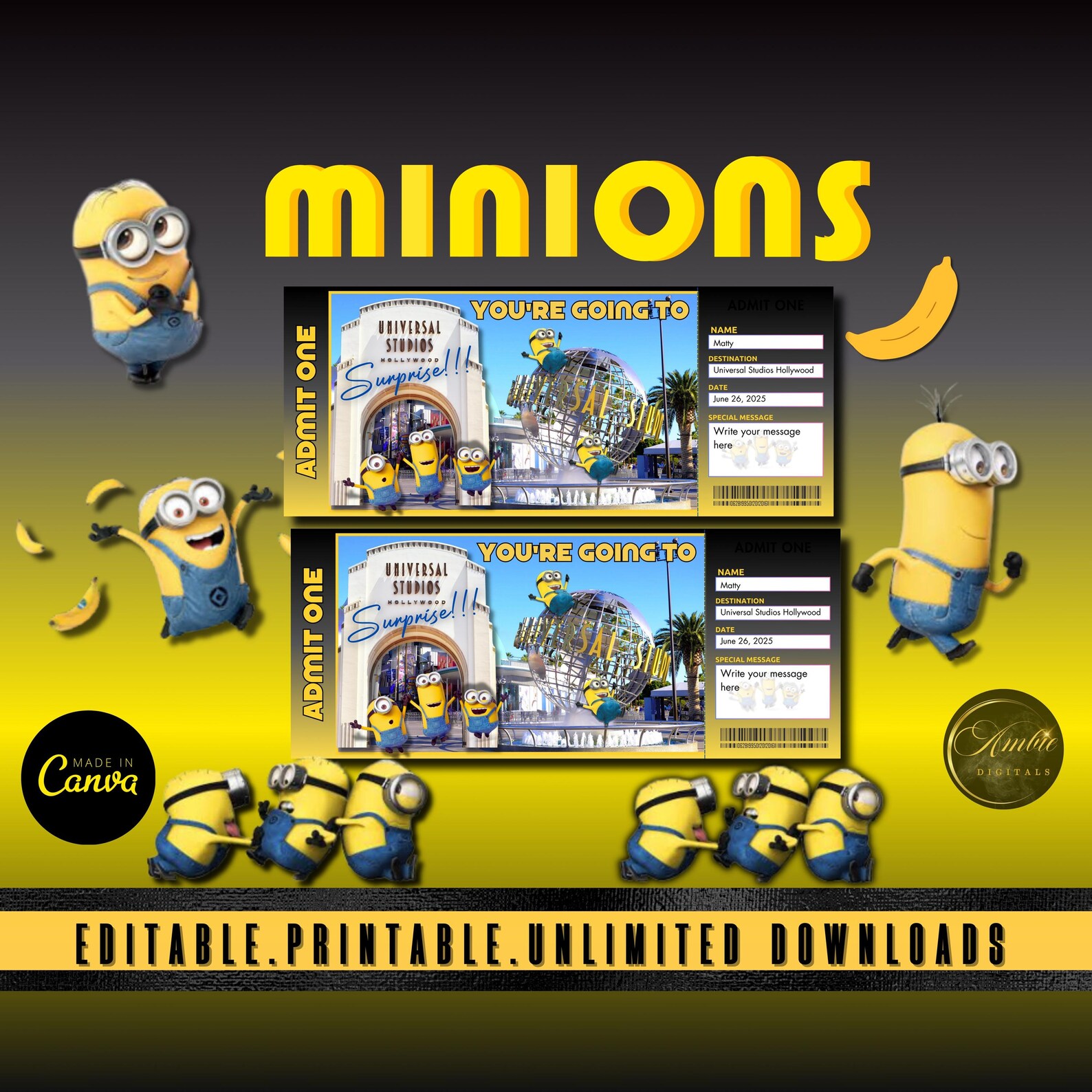 Customizable Universal Studios Surprise Ticket | Editable Minions Theme ...