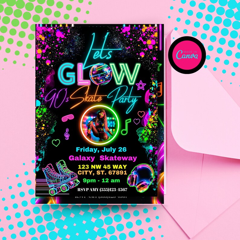 Editable Glow Skating Party Invitation With Photo | Neon 90s Theme ...