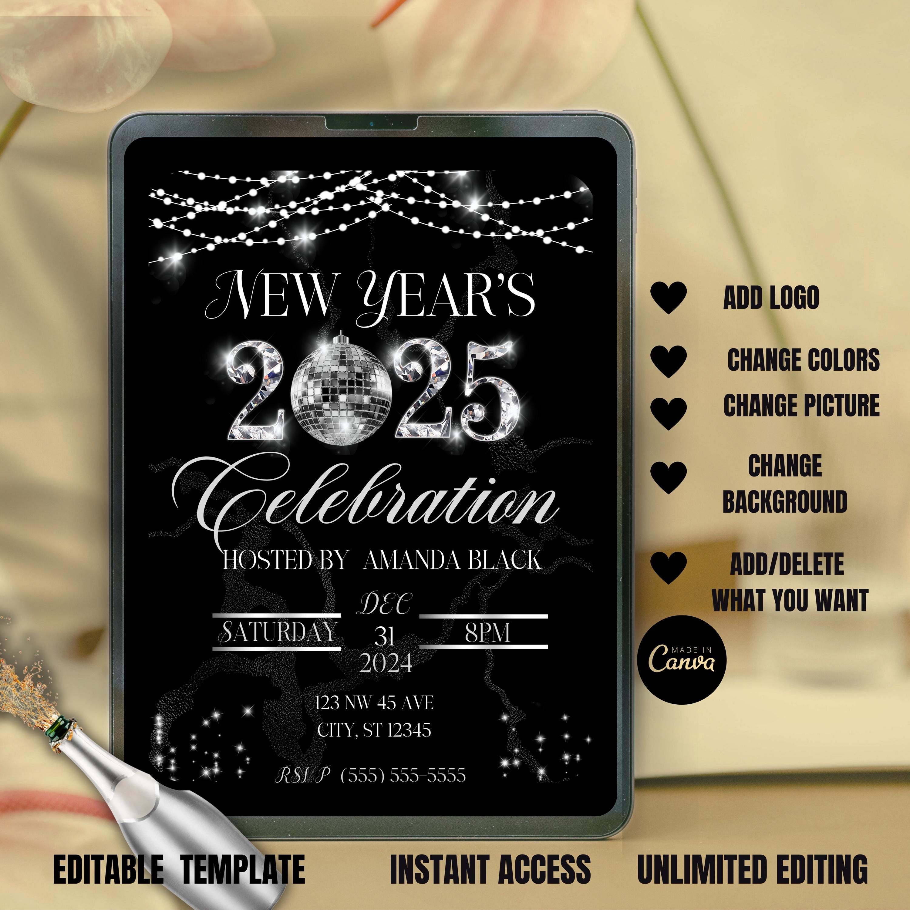 Black & Silver 2025 NYE Invitation - Editable, Printable New Year's Eve ...