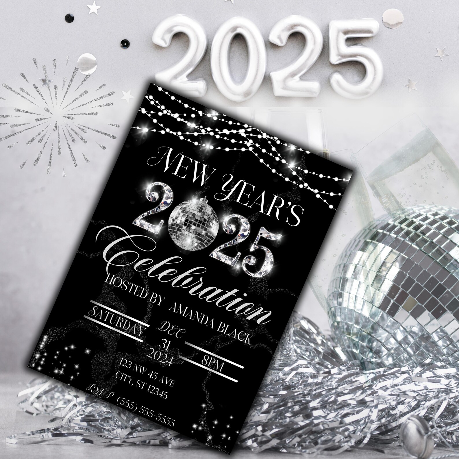 Black & Silver 2025 NYE Invitation - Editable, Printable New Year's Eve ...