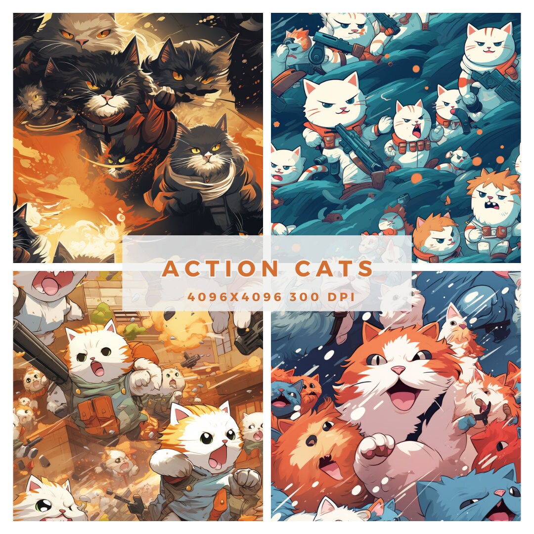 4 Action Cat Digital Prints Seamless Commercial Use - Etsy