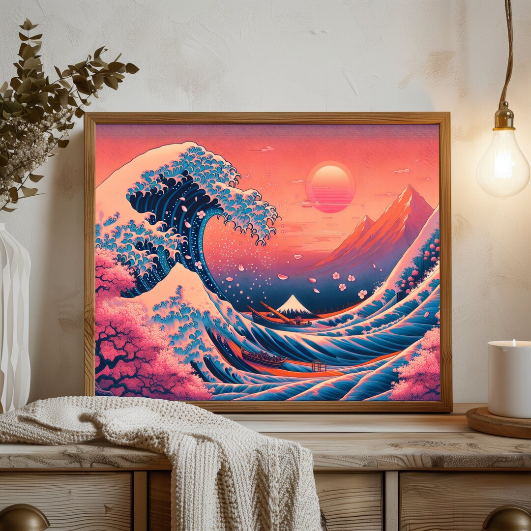 Printable Anime Style Great Wave off Kanagawa Wall Art Pink and Orange ...