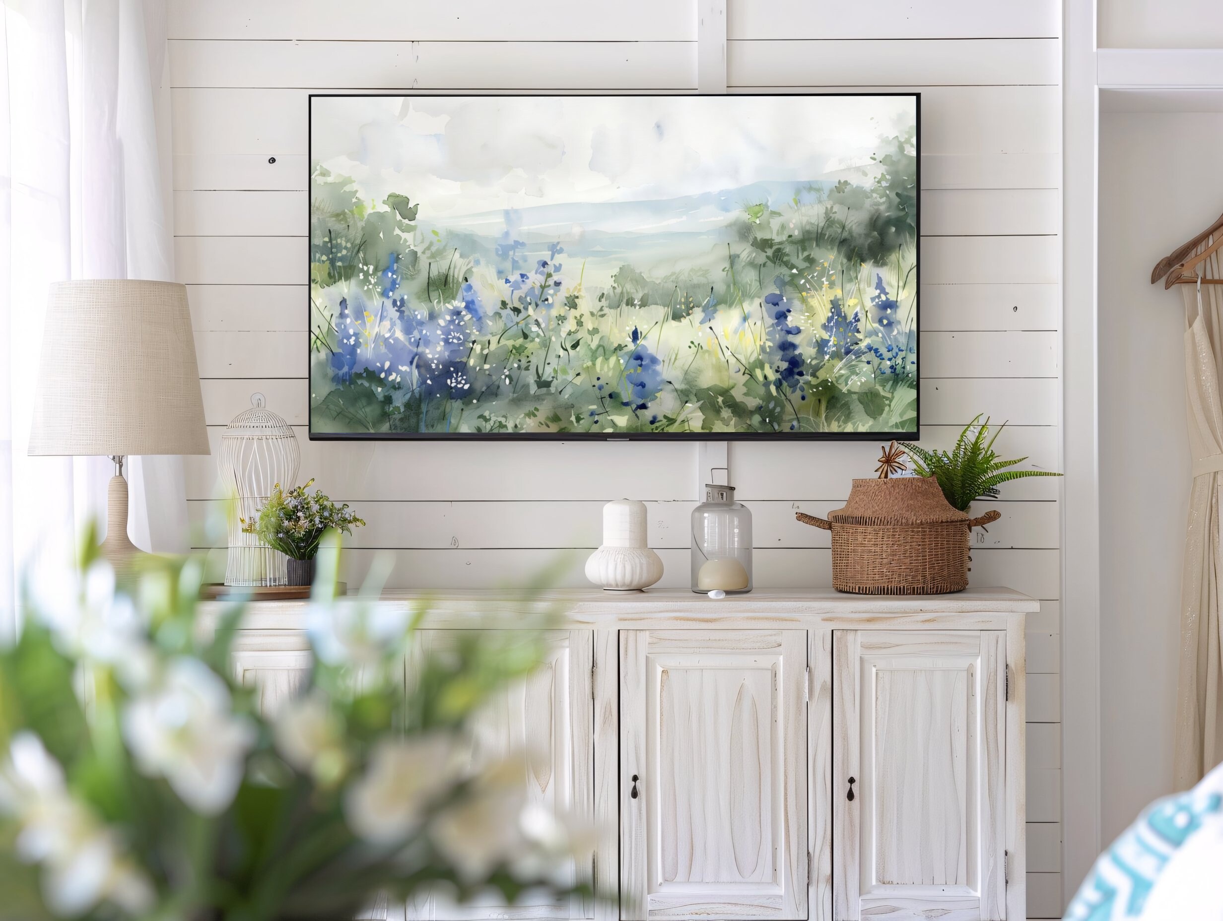 Frame TV Art Watercolor Landscape With Wildflowers Soft Grey and Blue ...