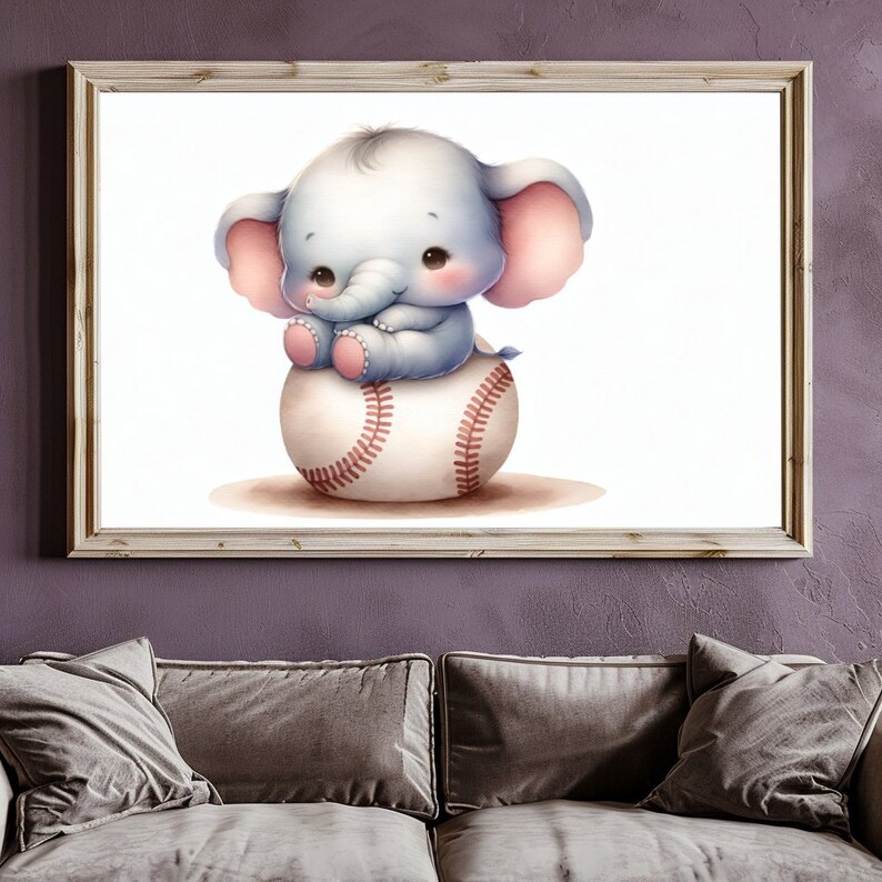 Printable Cute Baby Elephant Baseball Wall Art in Soft Pastel ...