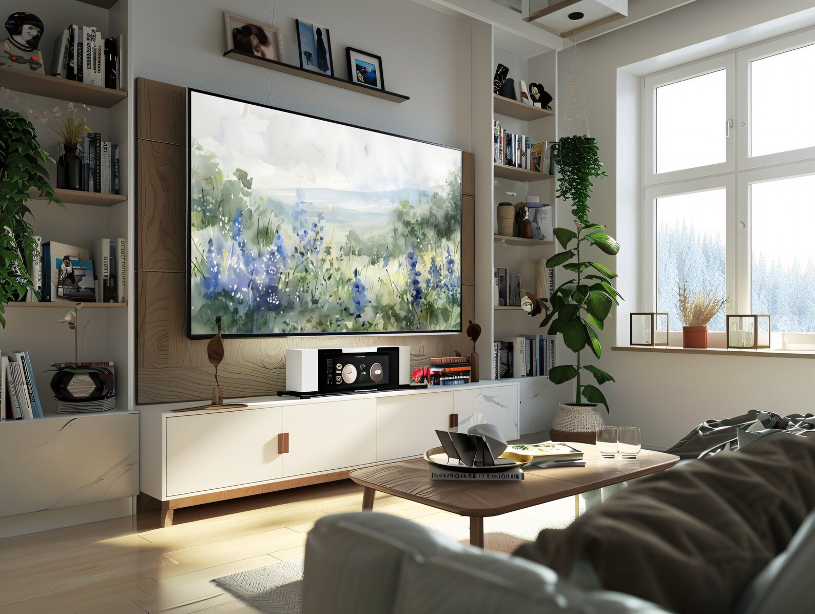 Frame TV Art Watercolor Landscape With Wildflowers Soft Grey and Blue ...