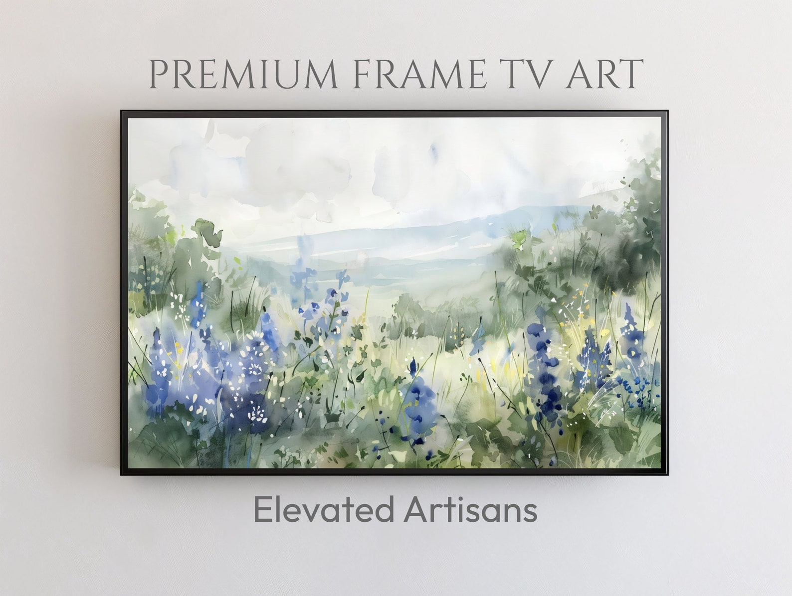 Frame TV Art Watercolor Landscape With Wildflowers Soft Grey and Blue ...