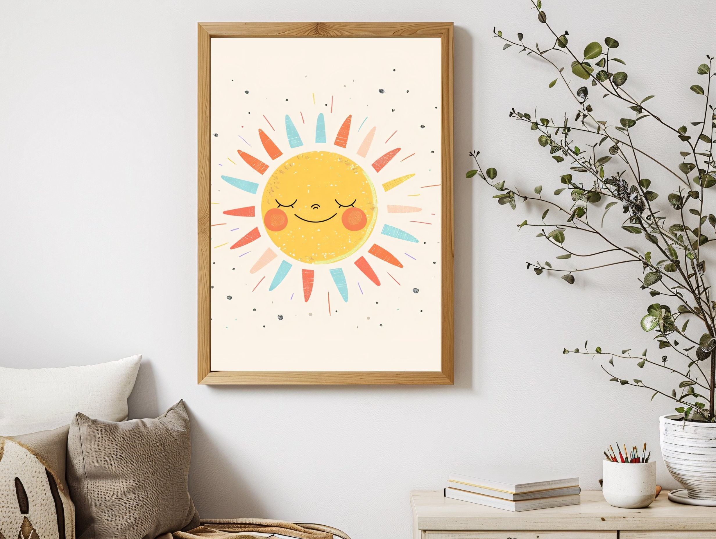 Printable Cute Cartoon Sun Wall Art for Children's Room Rainbow Stripes ...