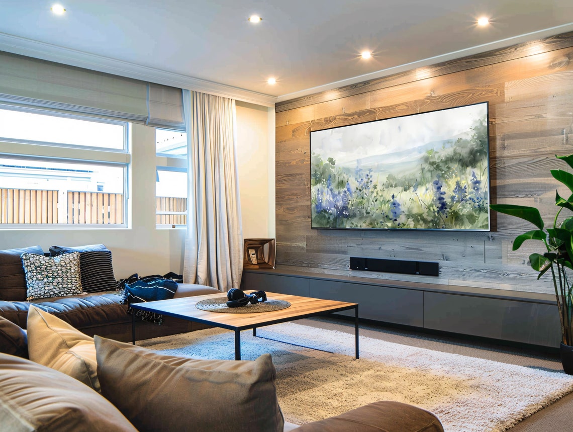 Frame TV Art Watercolor Landscape With Wildflowers Soft Grey and Blue ...
