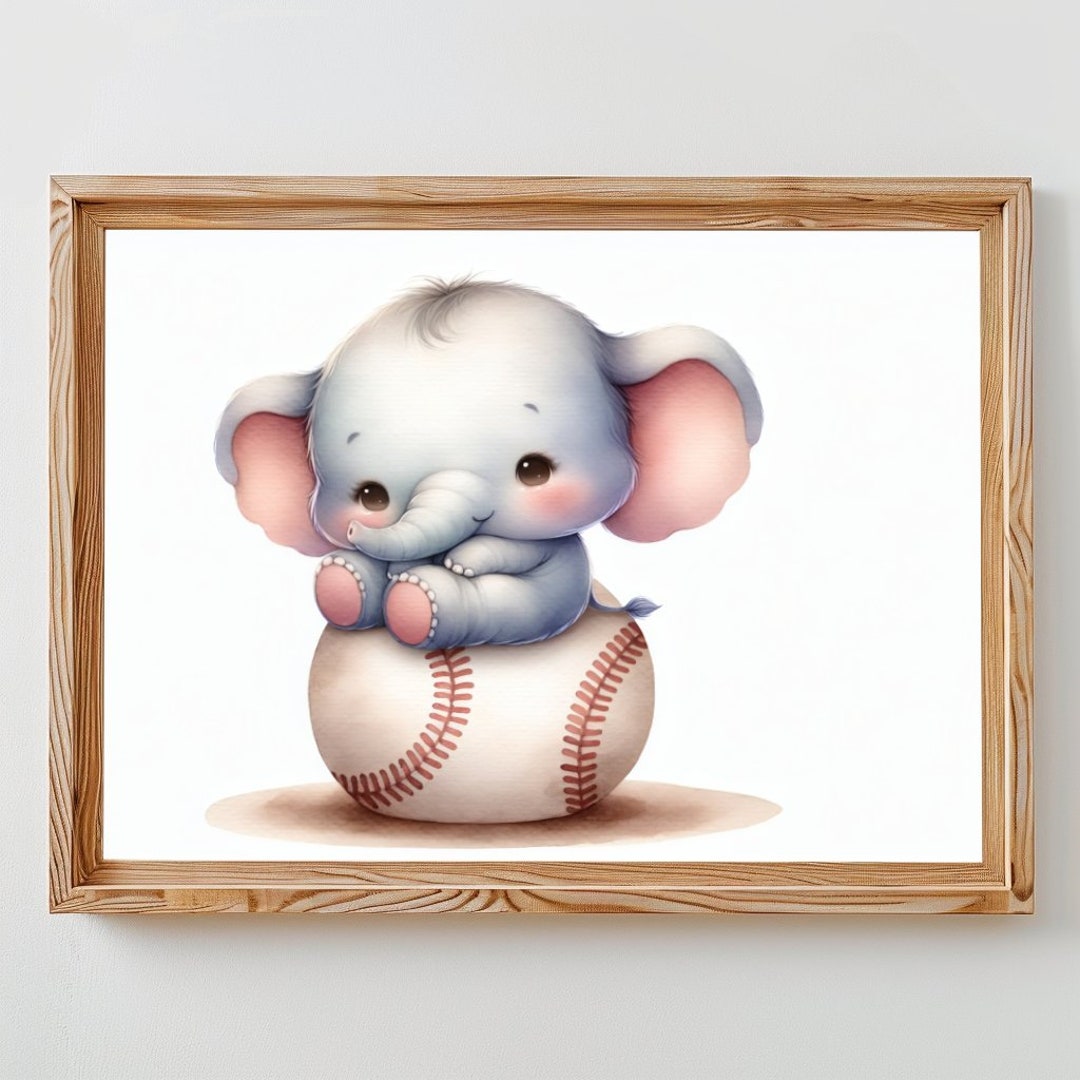 Printable Cute Baby Elephant Baseball Wall Art in Soft Pastel ...