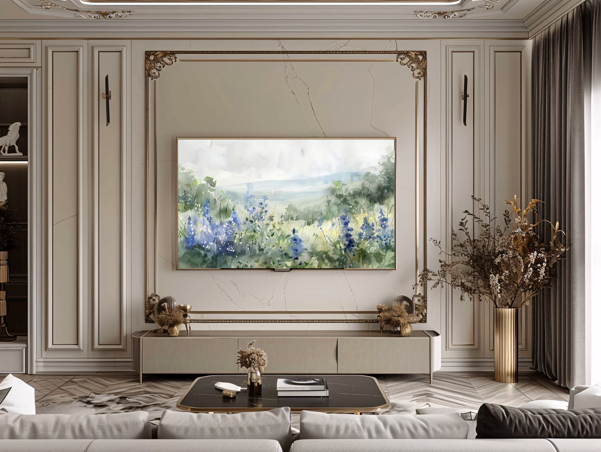 Frame TV Art Watercolor Landscape With Wildflowers Soft Grey and Blue ...