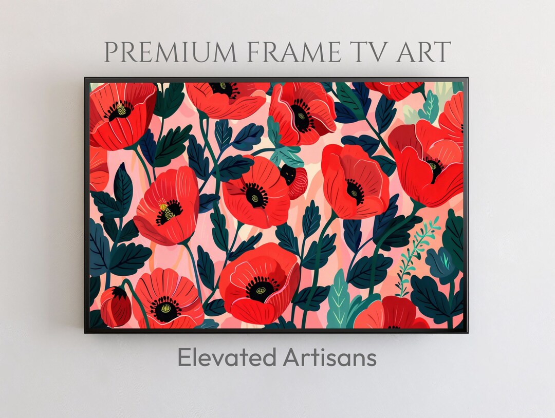 Frame TV Art Red Poppies in the Style of Marimekko Pink Background ...